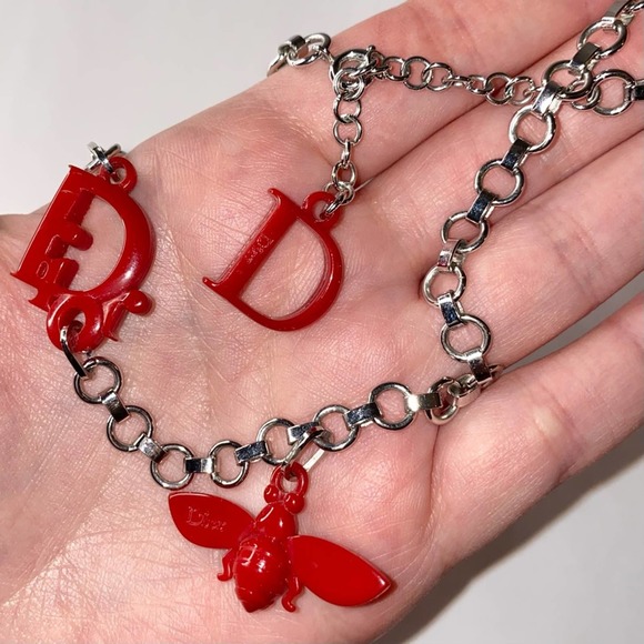 Dior | Jewelry | Vtg Christian Dior Silver Chain Link Red Acrylic Bee ...